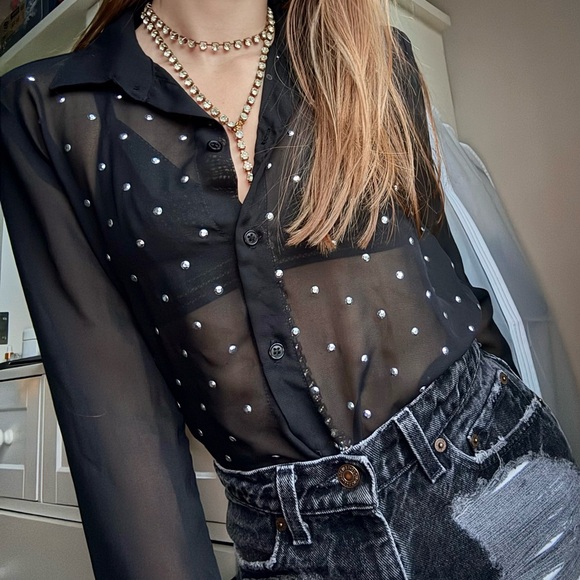 Nasty Gal | Tops | Nasty Gal Sheer Black Buttonup Blouse With Crystal ...